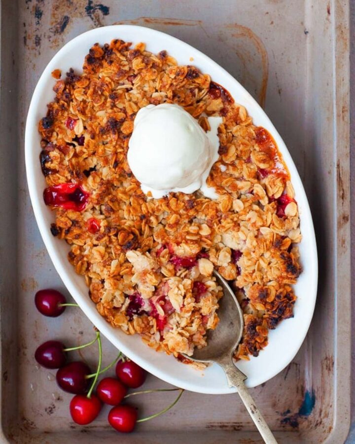 Easy to make Rustic Cherry & Rhubarb Crumble with Rolled Oats